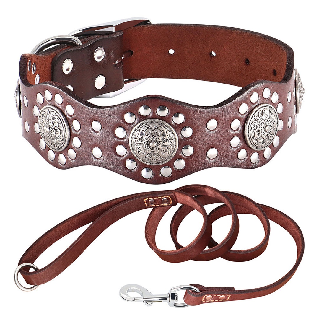 Studded Leather Dog Collar & Lead, Genuine Leather - Etsy