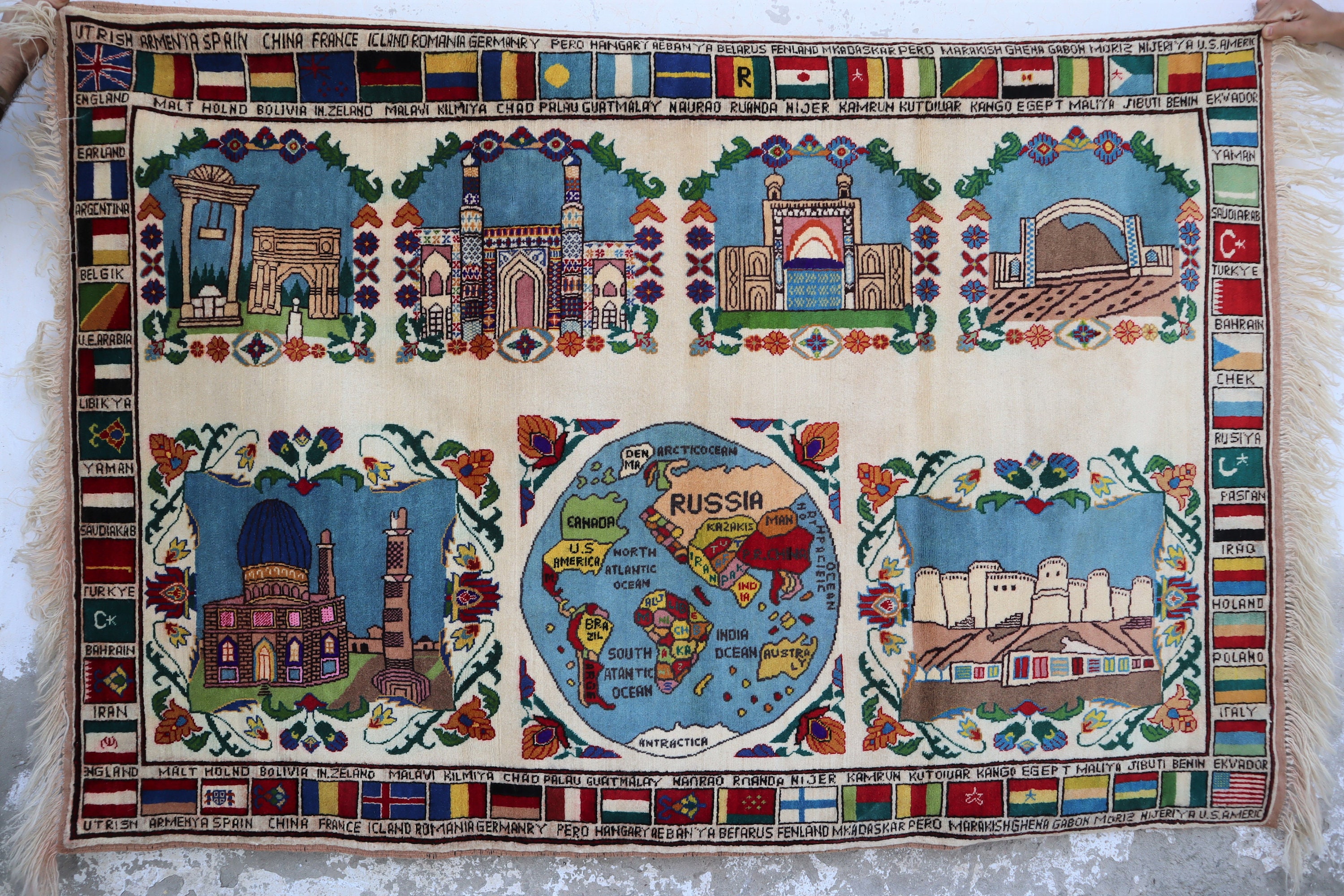 World Map Rug 4.1x5.10 Ft, Hand Knotted World Country Flags Rug, Afghan ...