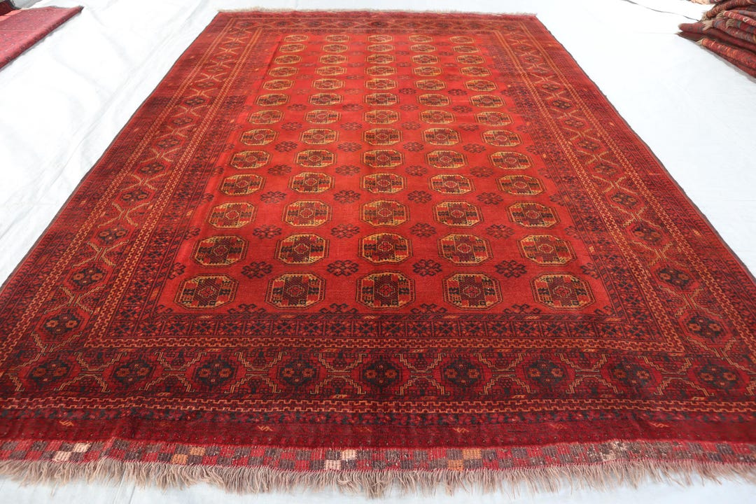 Antique Red Rug 7x10, Vintage Faded Waziri Design Bukhara Rug, Afghan ...