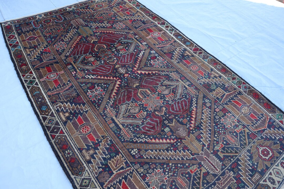 Old 1960s Vintage Faded Rug, 3'8x6'6 Ft, Geometric Balochi Rug, Top ...