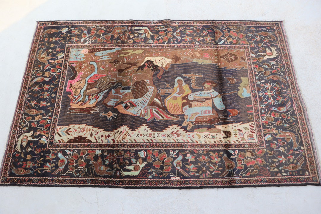 1960's Antique Pictorial Rug 4.4x6.9 Ft, Faded Vintage Baloch Rug ...
