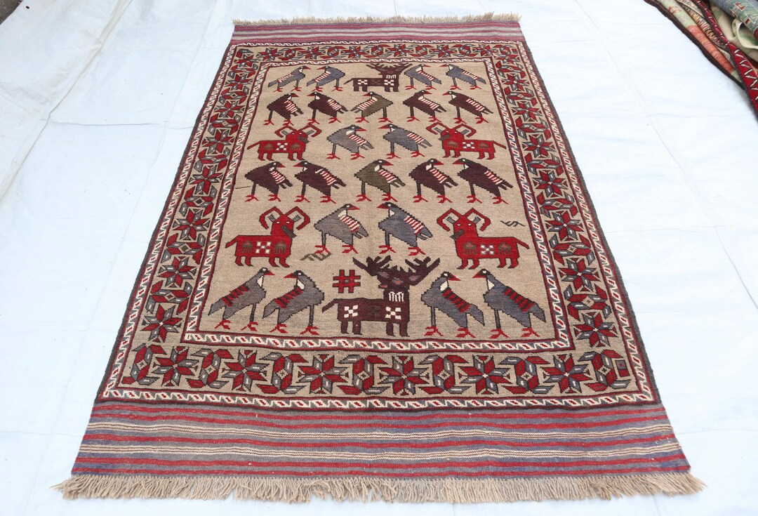 Vintage Balochi Pictorial Rug, 4x6 Ft Handmade Animal Print Rug, Birds ...