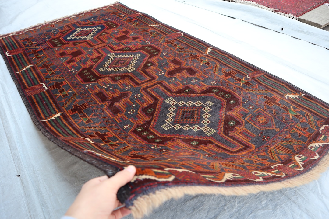 3'6x6'9 Ft Vintage Geometric Balochi Rug Hand Knotted Wool Carpet ...