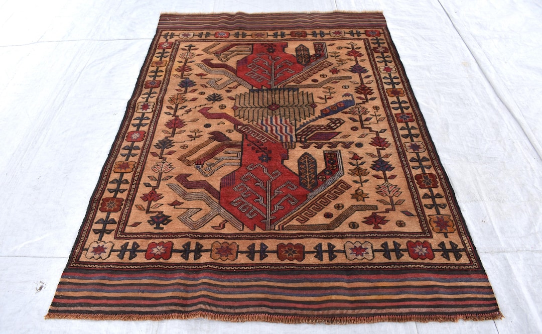 1920s Antique Piece Pictorial Kilim Rug, 3'10x5'5 Ft Faded Vintage ...