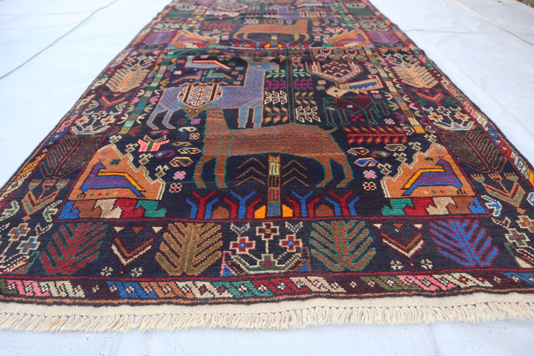 3'9x6'7 Ft Vintage Balochi Pictorial Rug, Handmade High Pile Wool Area ...