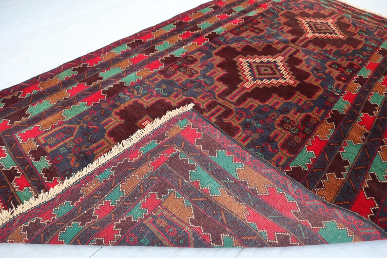 Antique 3'8x6'5 Afghan Geometric Area Rug, Turkmen Hand Knotted Wool ...
