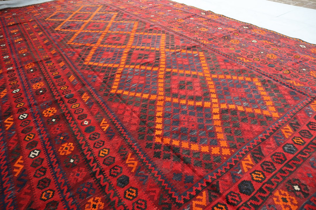 9x17 Large Vintage Kilim Area Rug / Red Afghan Authentic Geometric ...