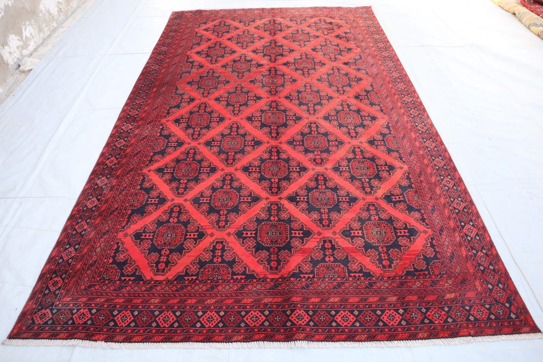 Large Vintage Bukhara Area Rug, 7x12 Ft Red Afghan Hand Knotted Wool ...