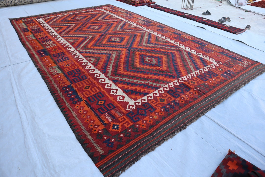 8x14 Ft Afghan Large Vintage Kilim Rug/ Handmade Flatweave Diamond ...