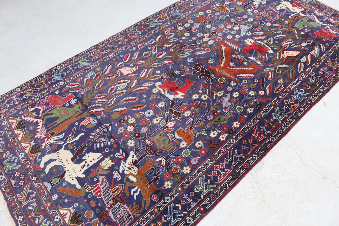 Large Pictorial Rug 4.4x9.1 Ft, Navy Blue Handmade Jungle Tree Rug ...