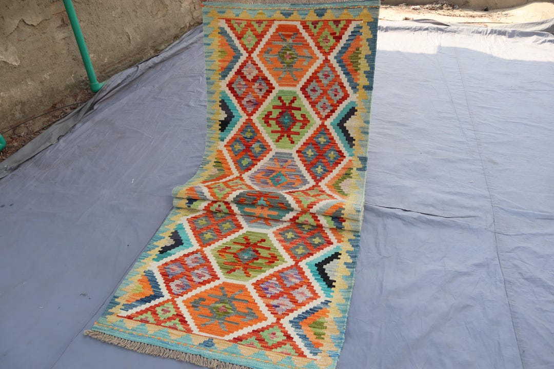 3x8 Ft Vintage Kilim Rug, Orange Tone Geometric Kilim Rug, Afghan ...