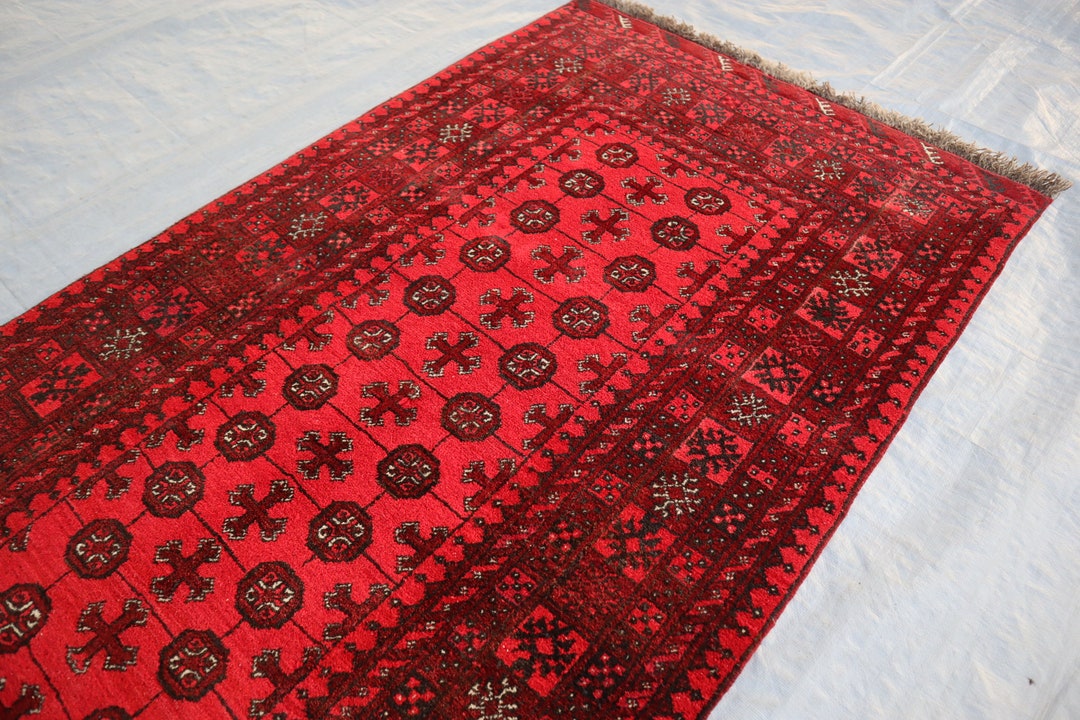 Red Traditional Turkmen Rug 3.3 X 6.4 Ft, Antique Pale Area Rug ...