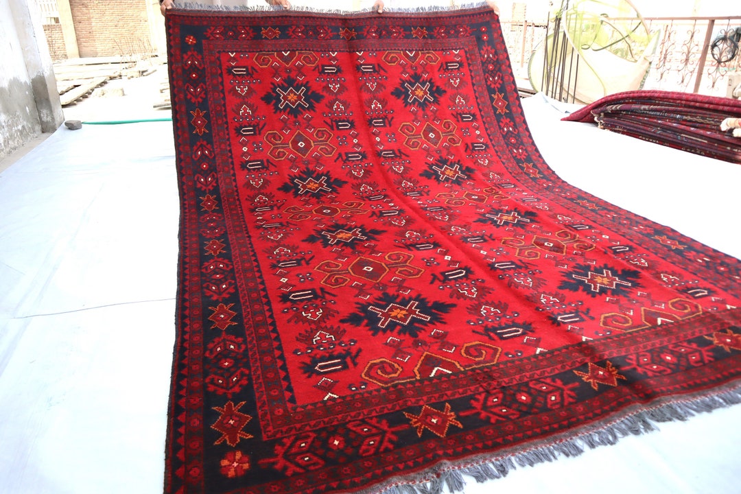9'7 X 6'9 Ft, Red Afghan Traditional Rug, Hand Knotted Veg Dyes Wool ...
