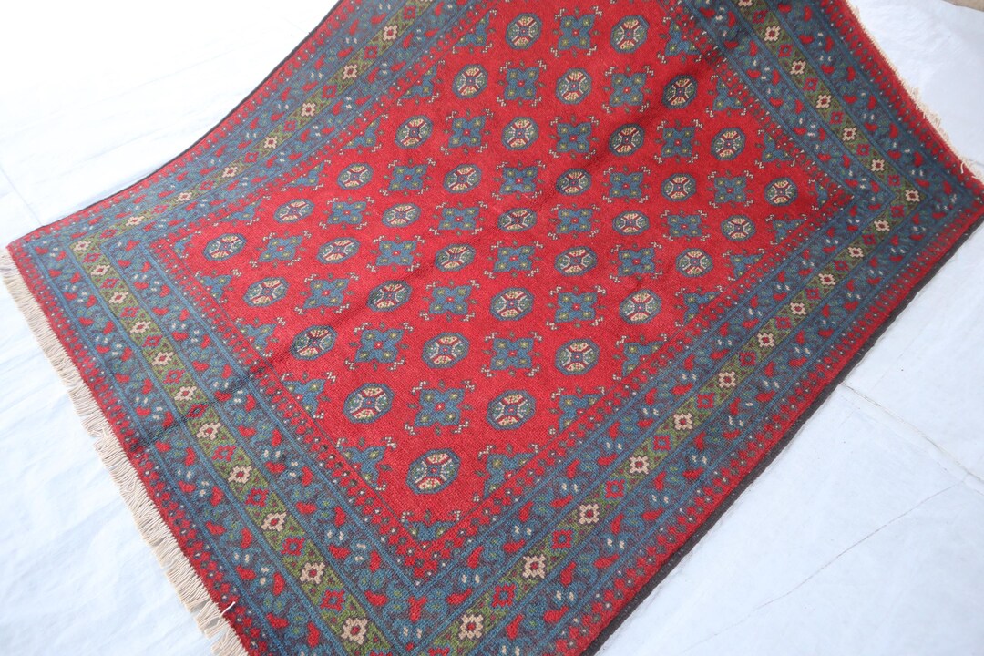 Antique Red Afghan Rug 5x7 Ft, Turkmen Tekke Mowri Gul Rug, Handmade ...