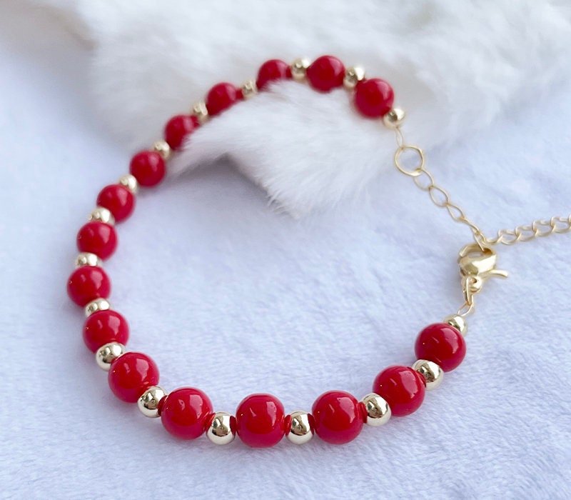 Coral Red Bracelet, 14k Gold Plated Beads, 18k Gold Plated Extension ...