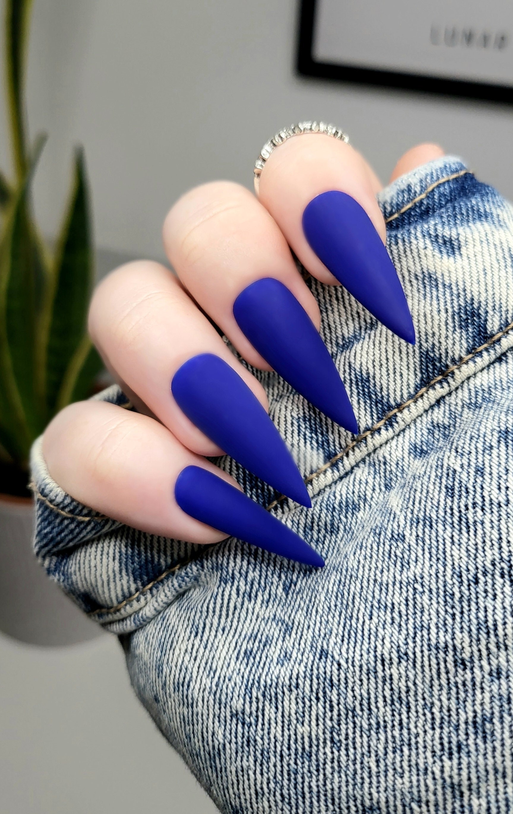 Matte Blue Stiletto Nails