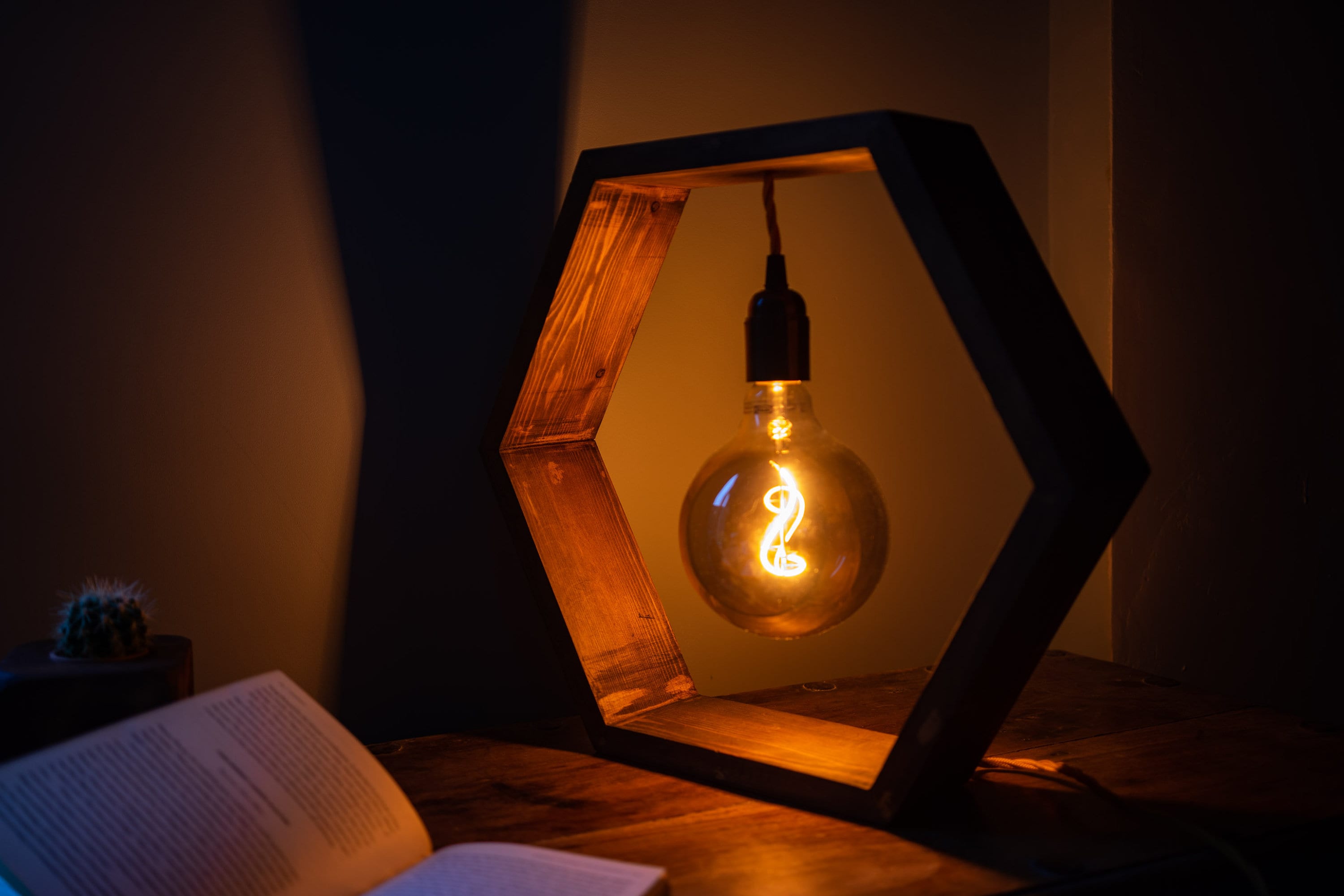 Rustic Hexagon Wooden Lamp, Handmade Recycled Wood Light, Cozy Vibe ...