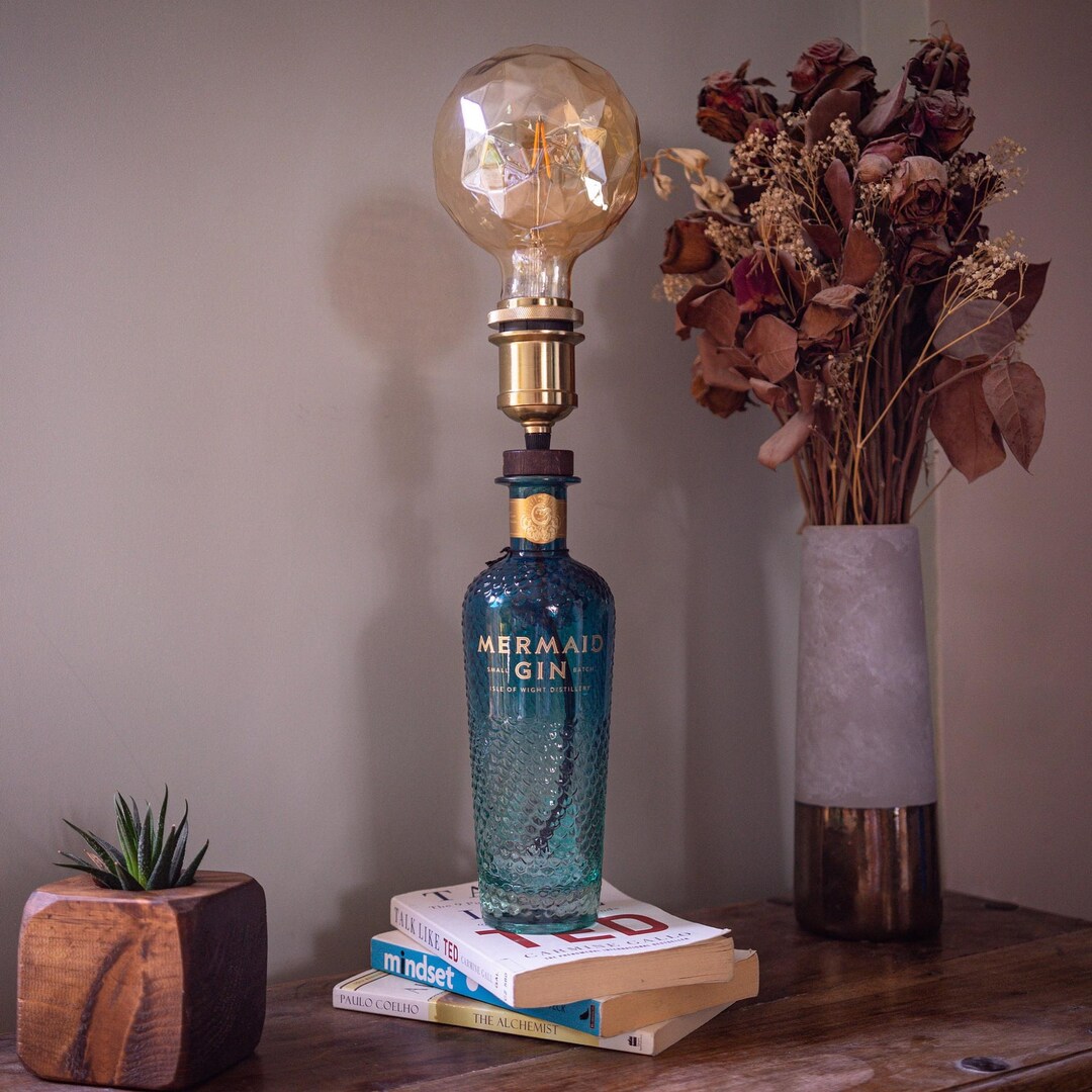 Mermaid Blue Gin Bottle Light - Upcycled Desk Table Lamp, Quirky Cool ...