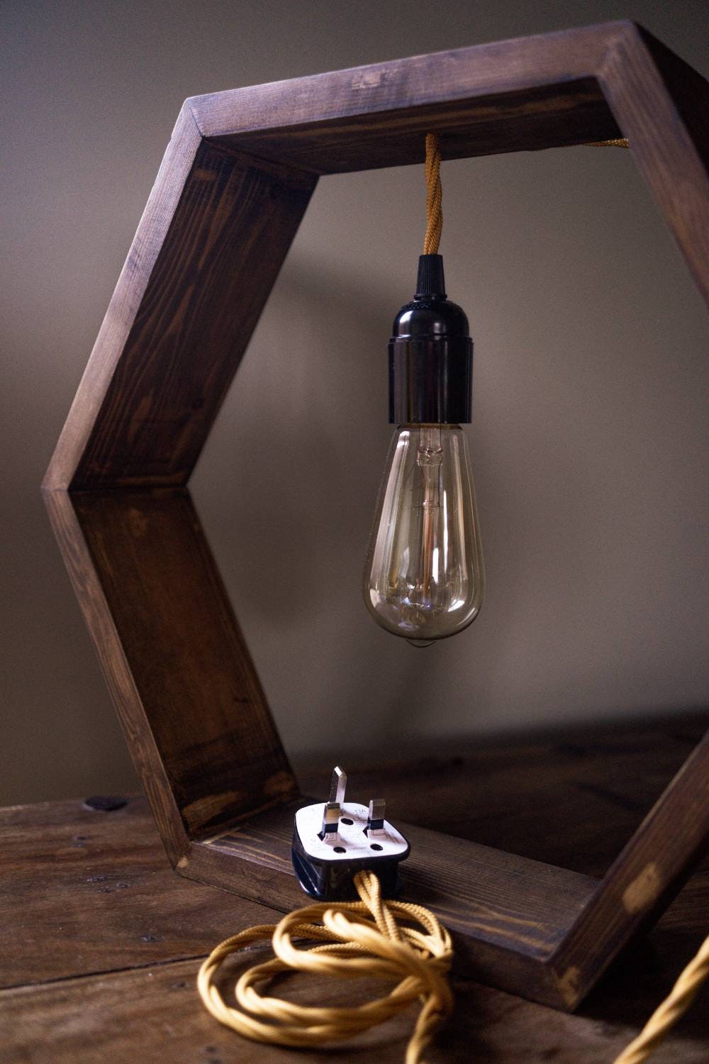 Rustic Hexagon Wooden Lamp, Handmade Recycled Wood Light, Cozy Vibe ...