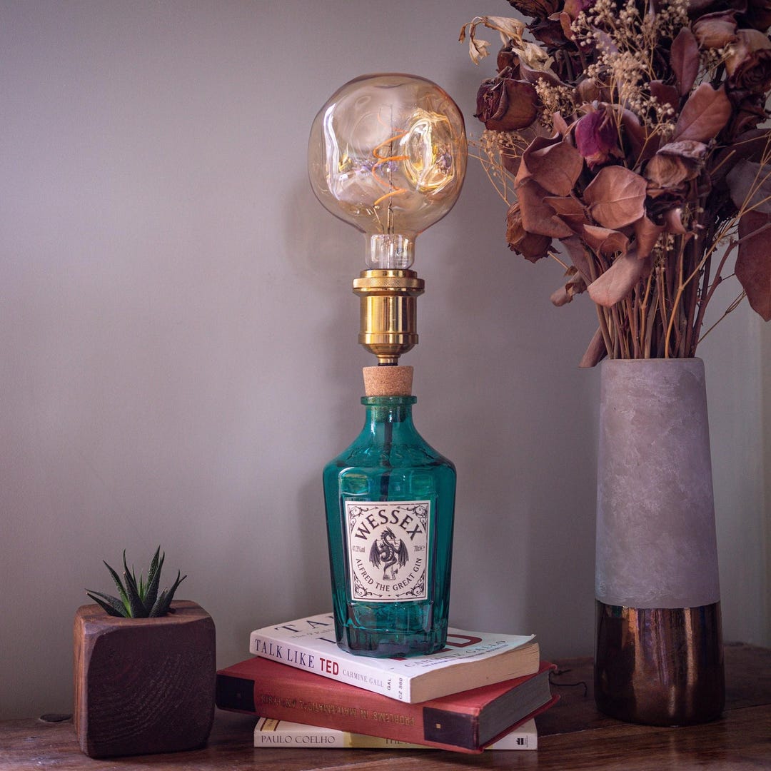 Wessex Blue Teal Gin Bottle Light - Upcycled Desk Table Lamp, Recycled ...