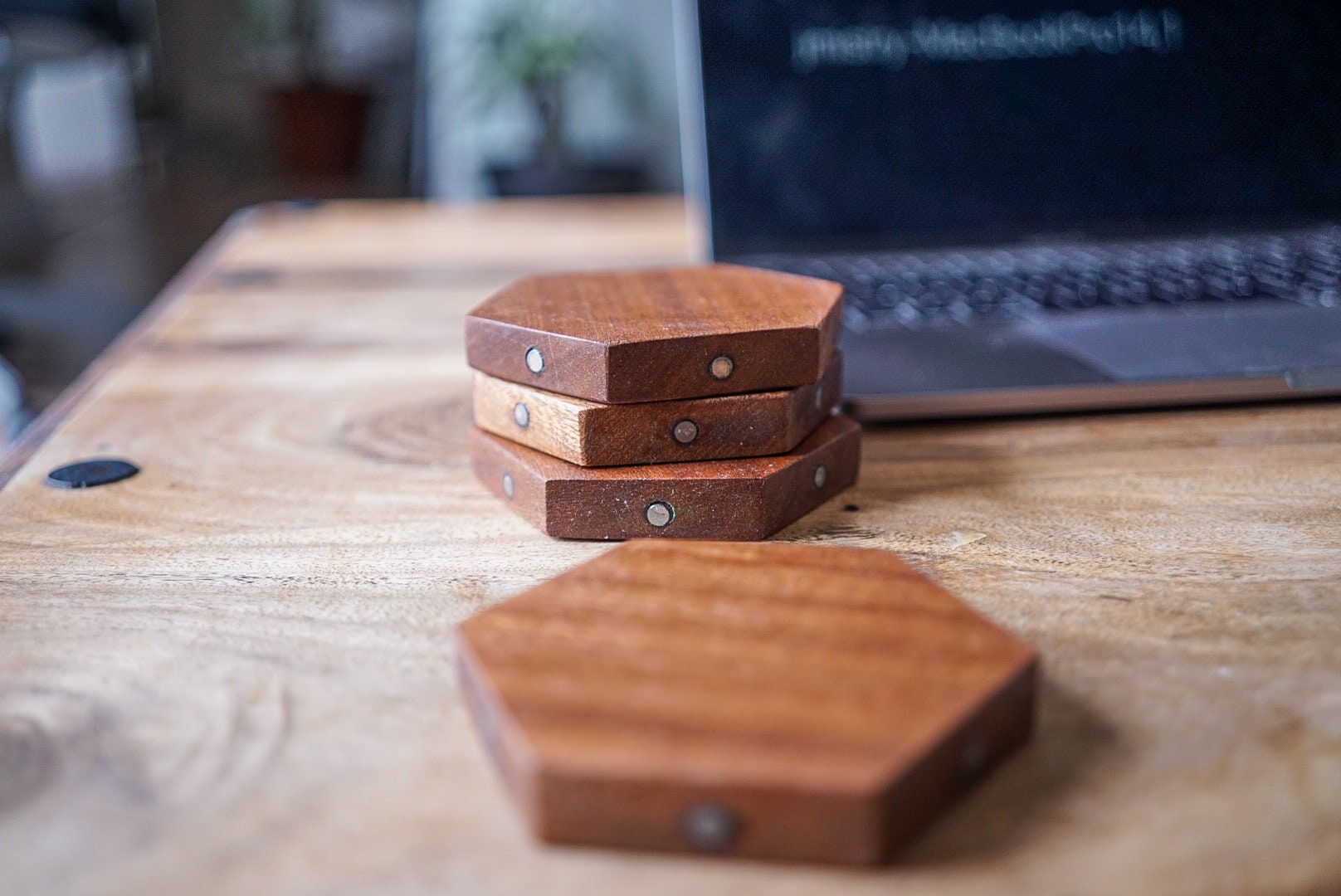 Handmade Magnetic Hexagon Wood Coasters Unique Wooden Coaster Set With ...