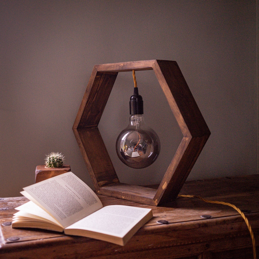 Rustic Hexagon Wooden Lamp, Handmade Recycled Wood Light, Cozy Vibe ...