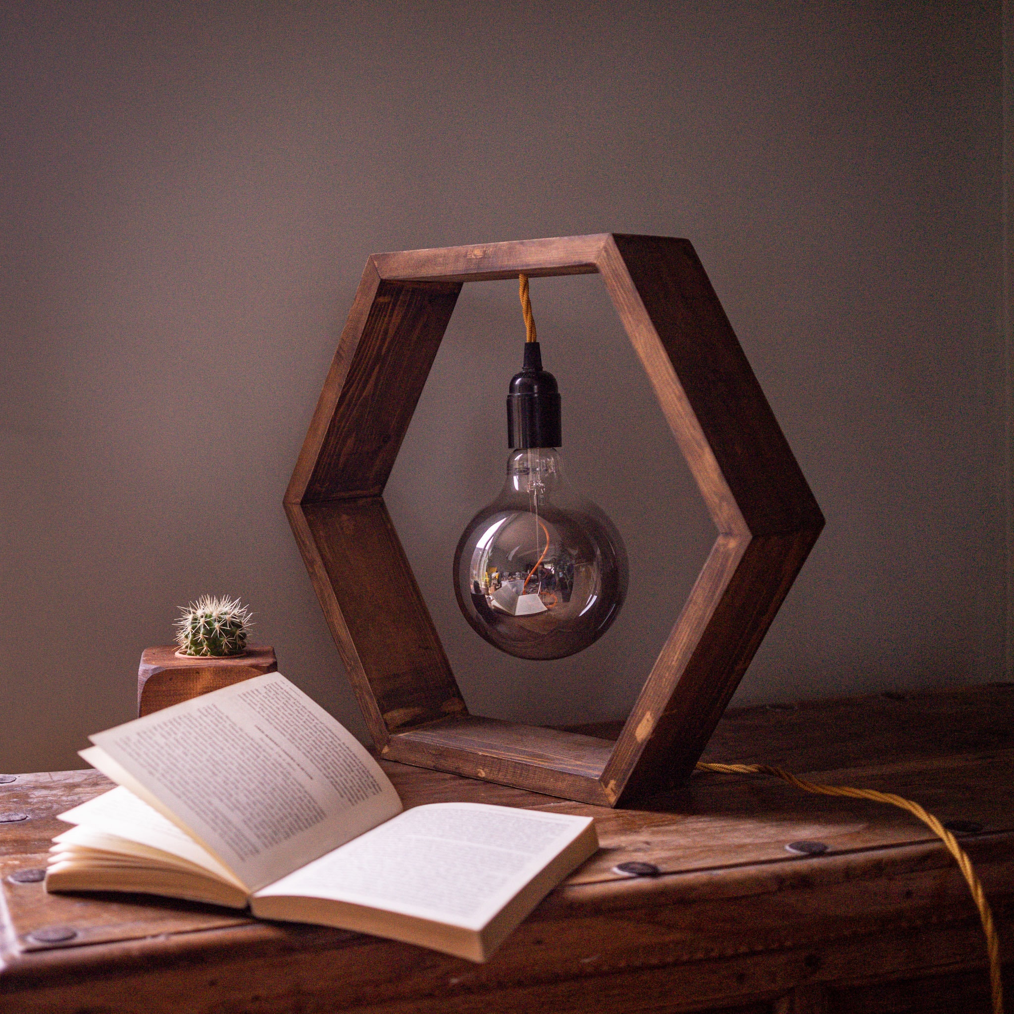 Rustic Hexagon Wooden Lamp, Handmade Recycled Wood Light, Cozy Vibe ...
