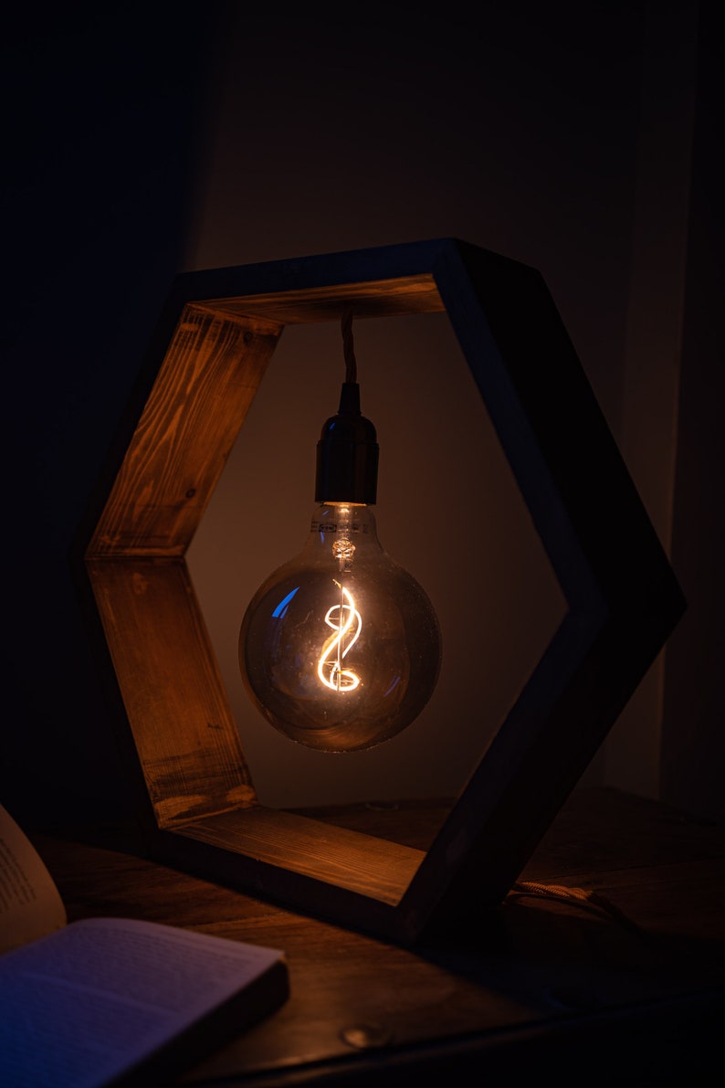 Rustic Hexagon Wooden Lamp, Handmade Recycled Wood Light, Cozy Vibe ...