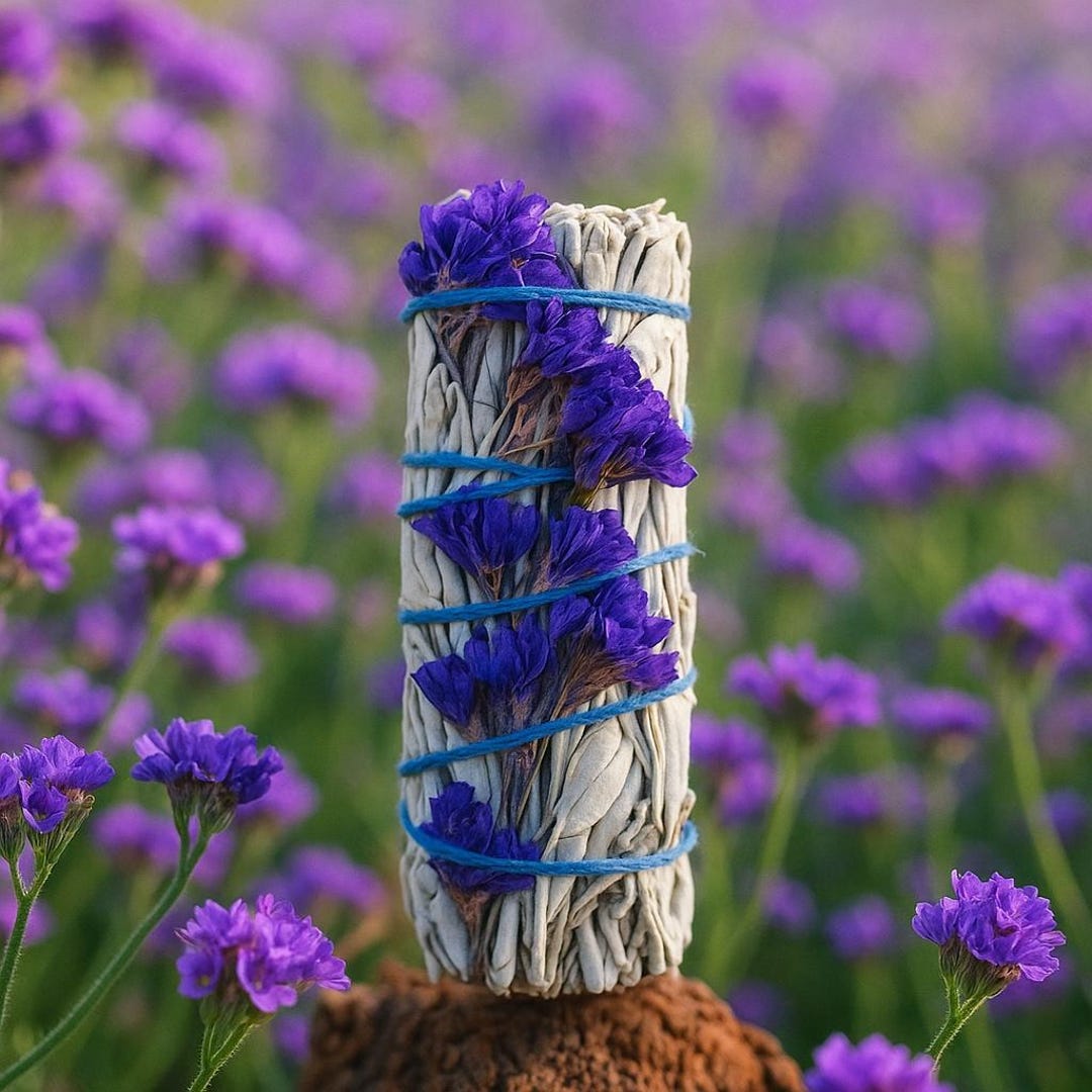 Handcrafted White Sage and Purple Flower Fumigation Stick, Energy ...