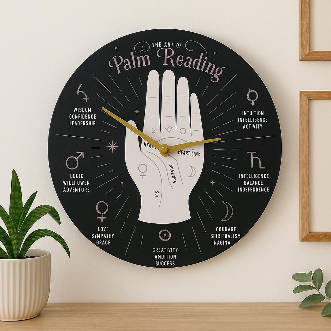 Esoteric Wooden Wall Clock - Palmistry, Palm Lines, Wiccan Decor ...