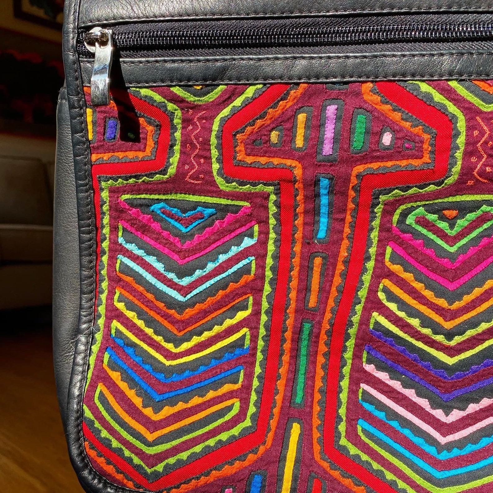 Colombian Embroidered Mola Black Leather Shoulder Briefcase Messenger ...