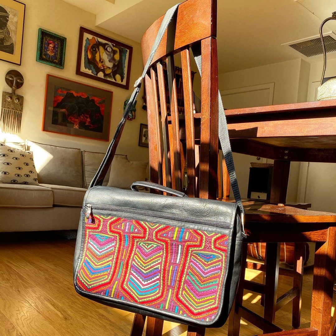 Colombian Embroidered Mola Black Leather Shoulder Briefcase Messenger ...
