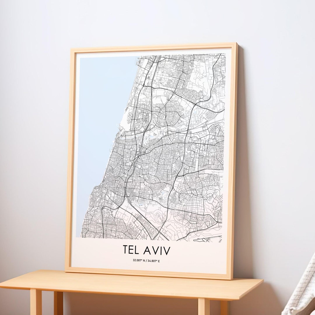Tel Aviv City Map, Minimalist Black and White Wall Art, Customizable ...