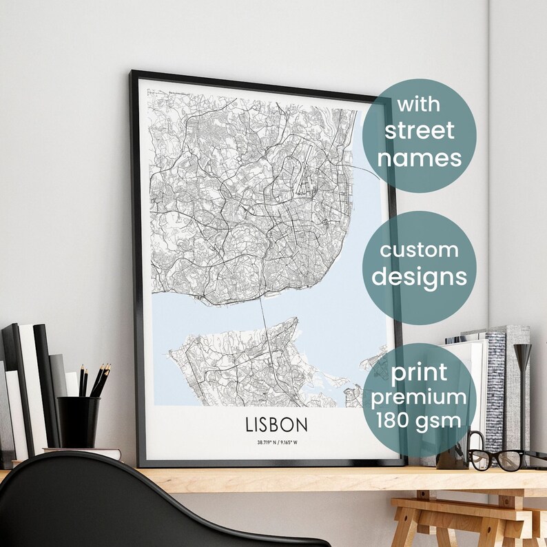 Lisbon City Map Poster, New Home Gift, Black and White Map ...