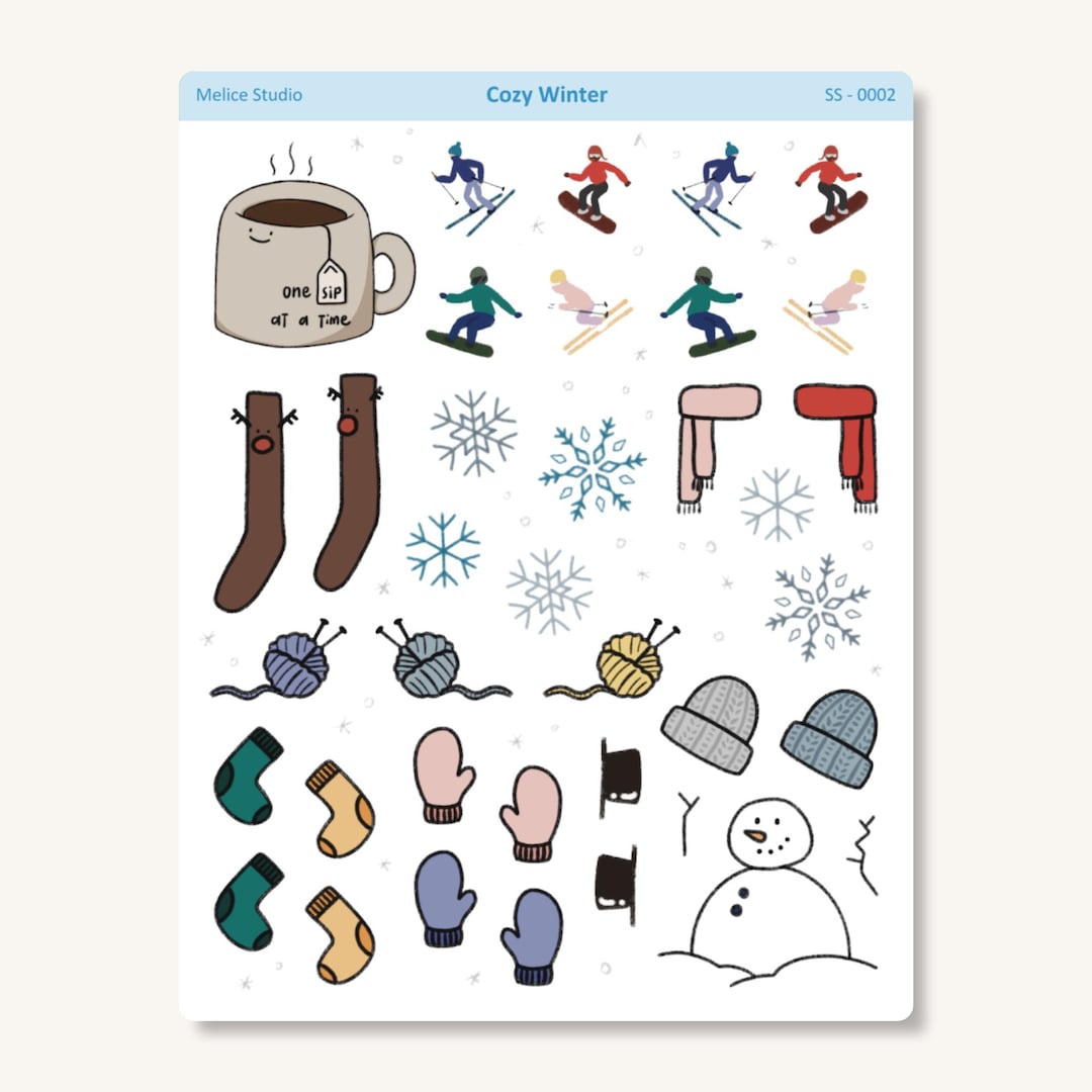 Cozy Winter Sticker Sheet - Cute Paper Hand Drawn Stickers for Journals ...
