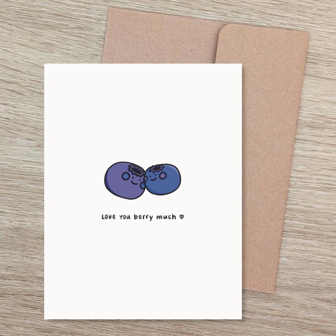 Love You Berry Much Card - Cute Hand-drawn Blueberry Pun Valentine Card ...