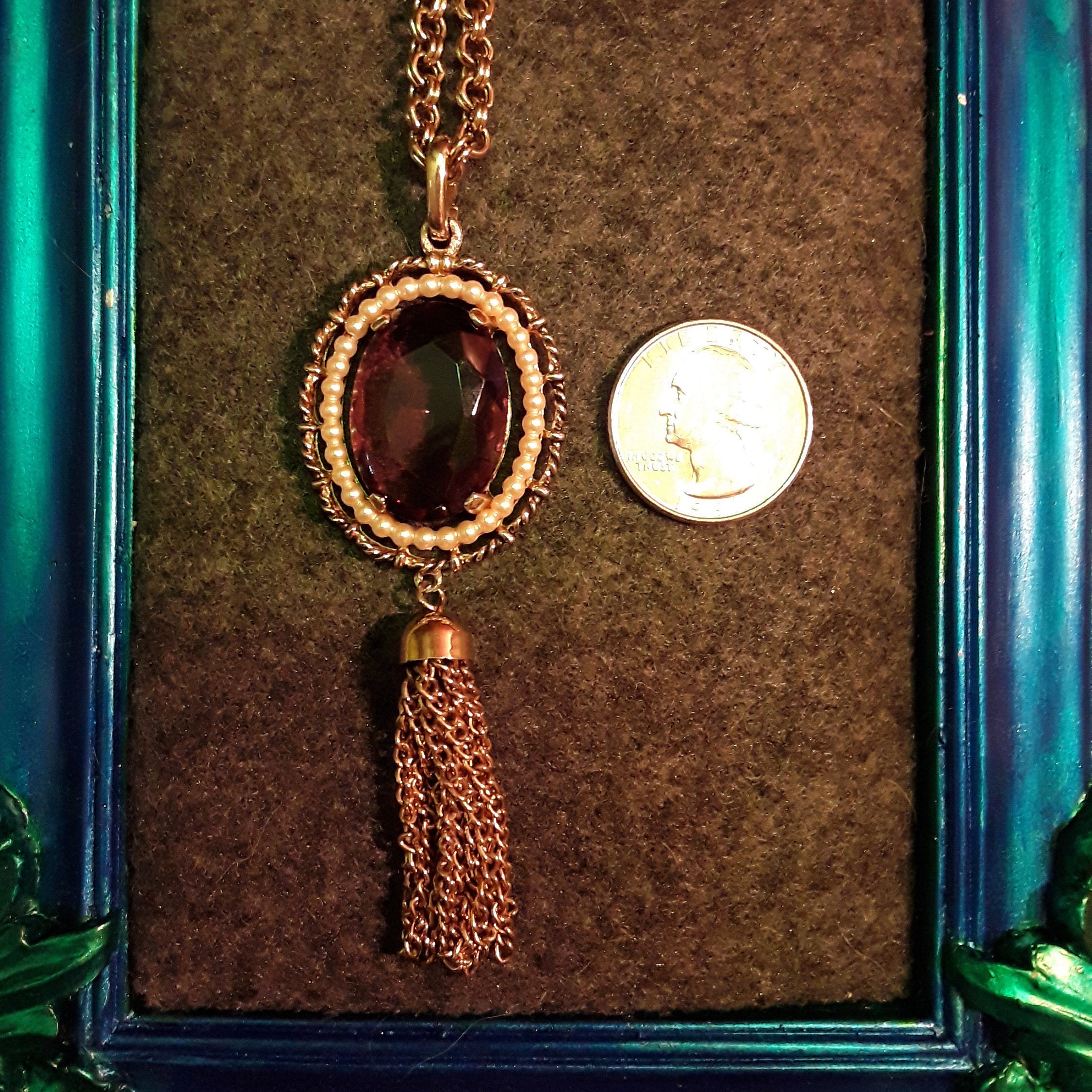 Vintage Gold-Tone Signed Avon Pendant with Large Purple Rhinestone and ...