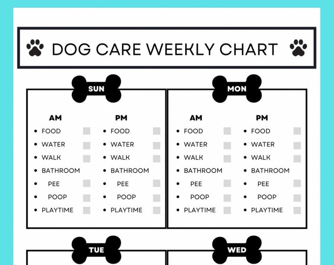 Dog Care Chart, Dog Chore List, Weekly Dog Care, Pet Care Chart ...
