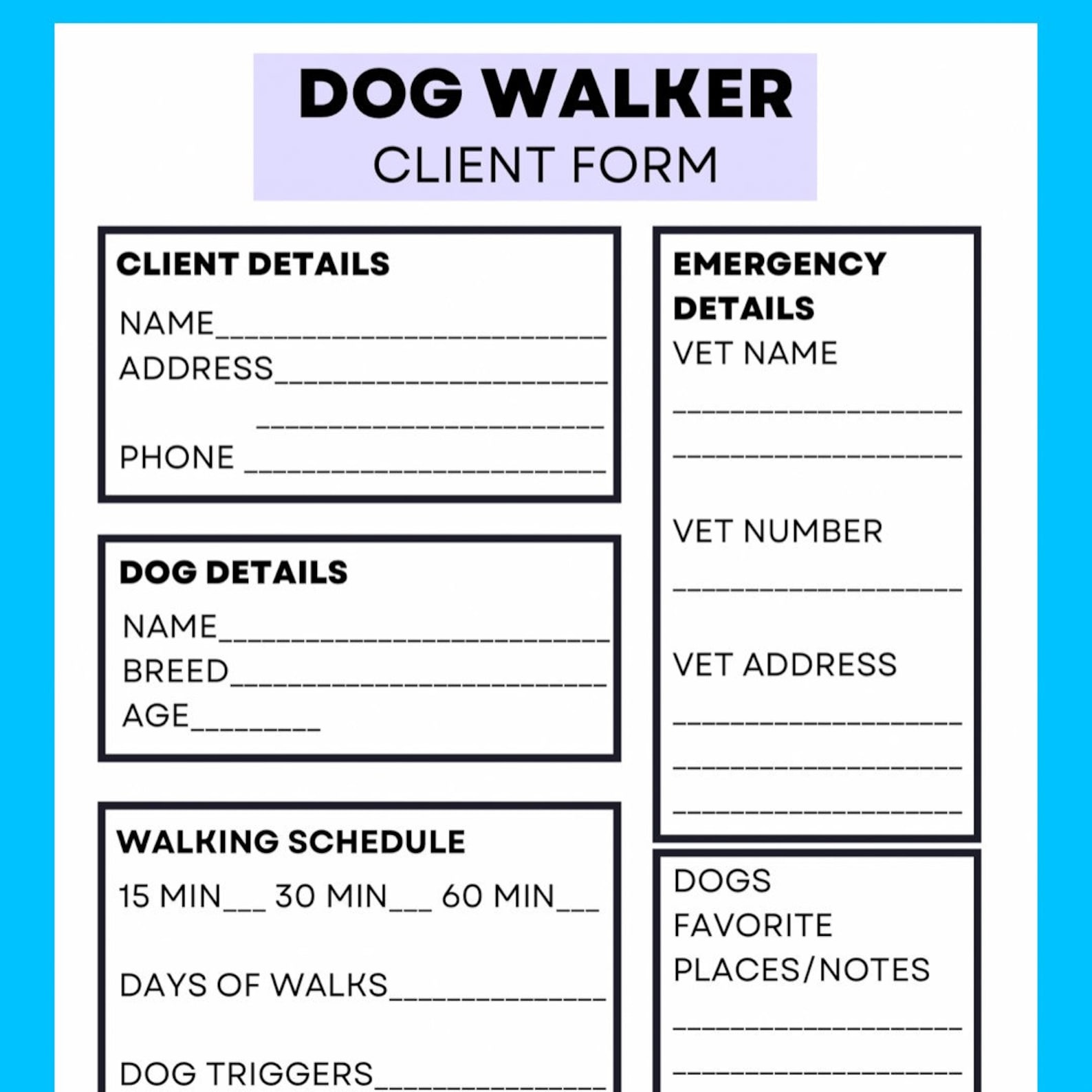 Dog Walker Printable | Dog Walking Client Sheet | Client Form | Dog ...
