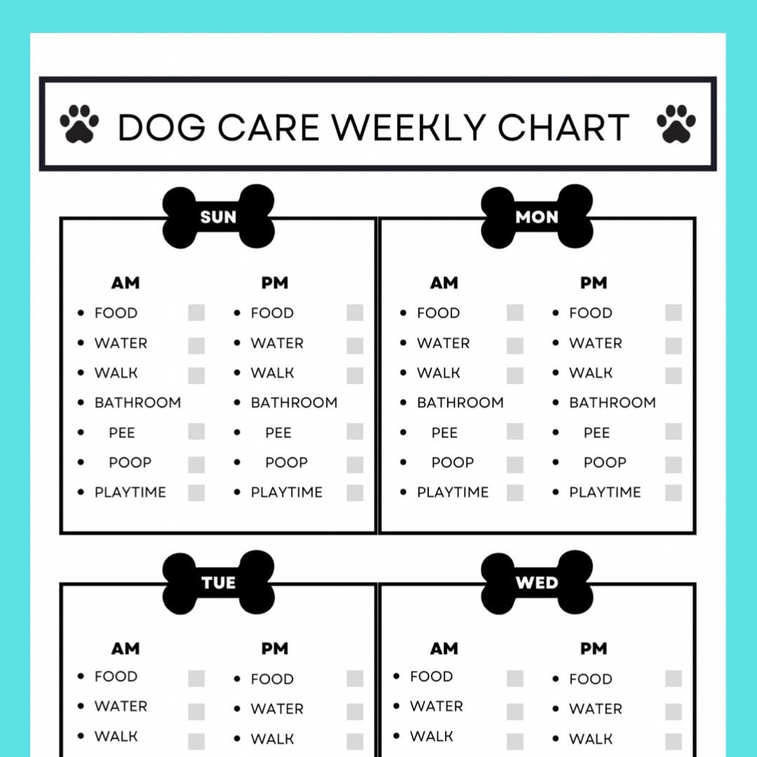 Dog Care Chart, Dog Chore List, Weekly Dog Care, Pet Care Chart ...