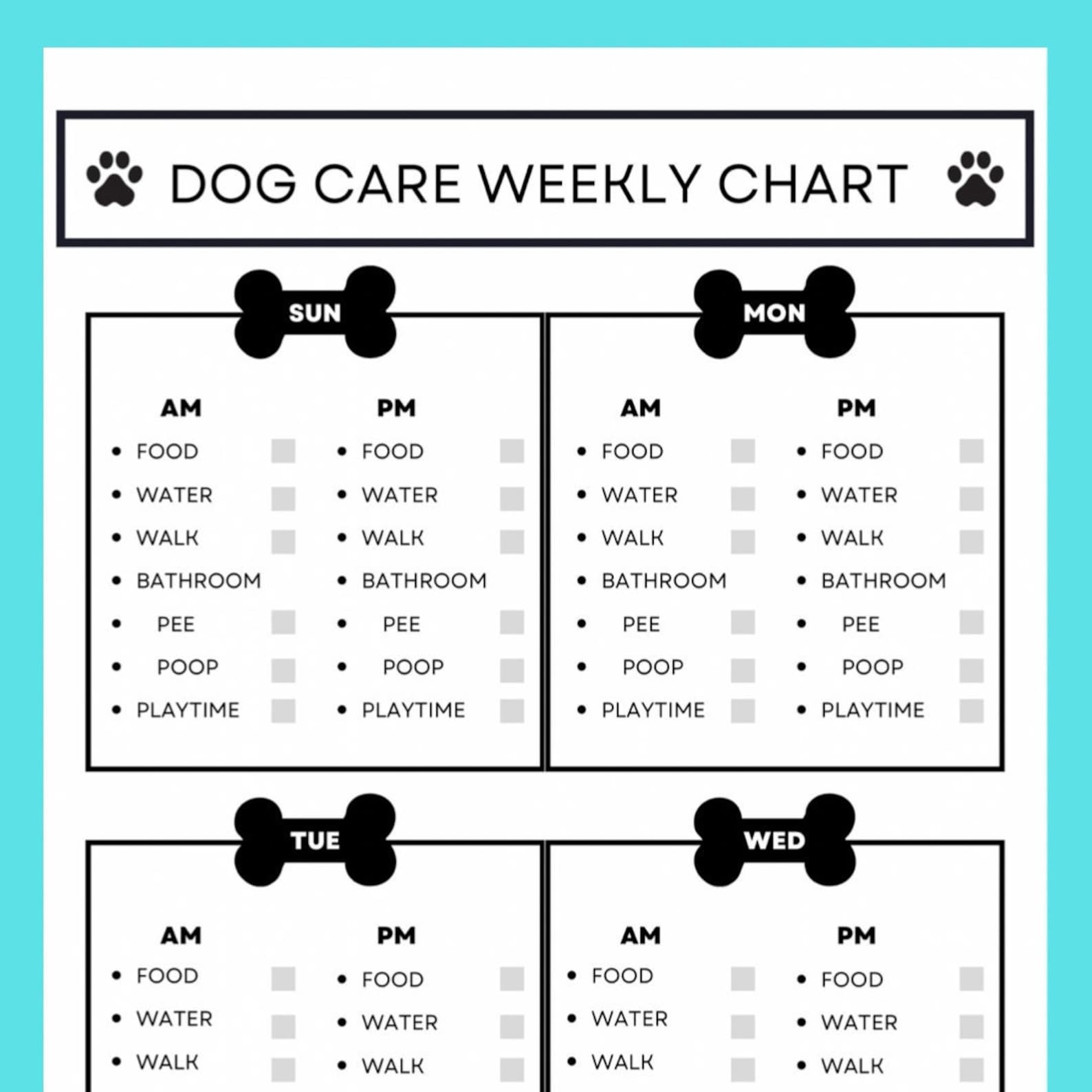 Dog Care Chart: Weekly Pet Chore List (digital Download) - Etsy