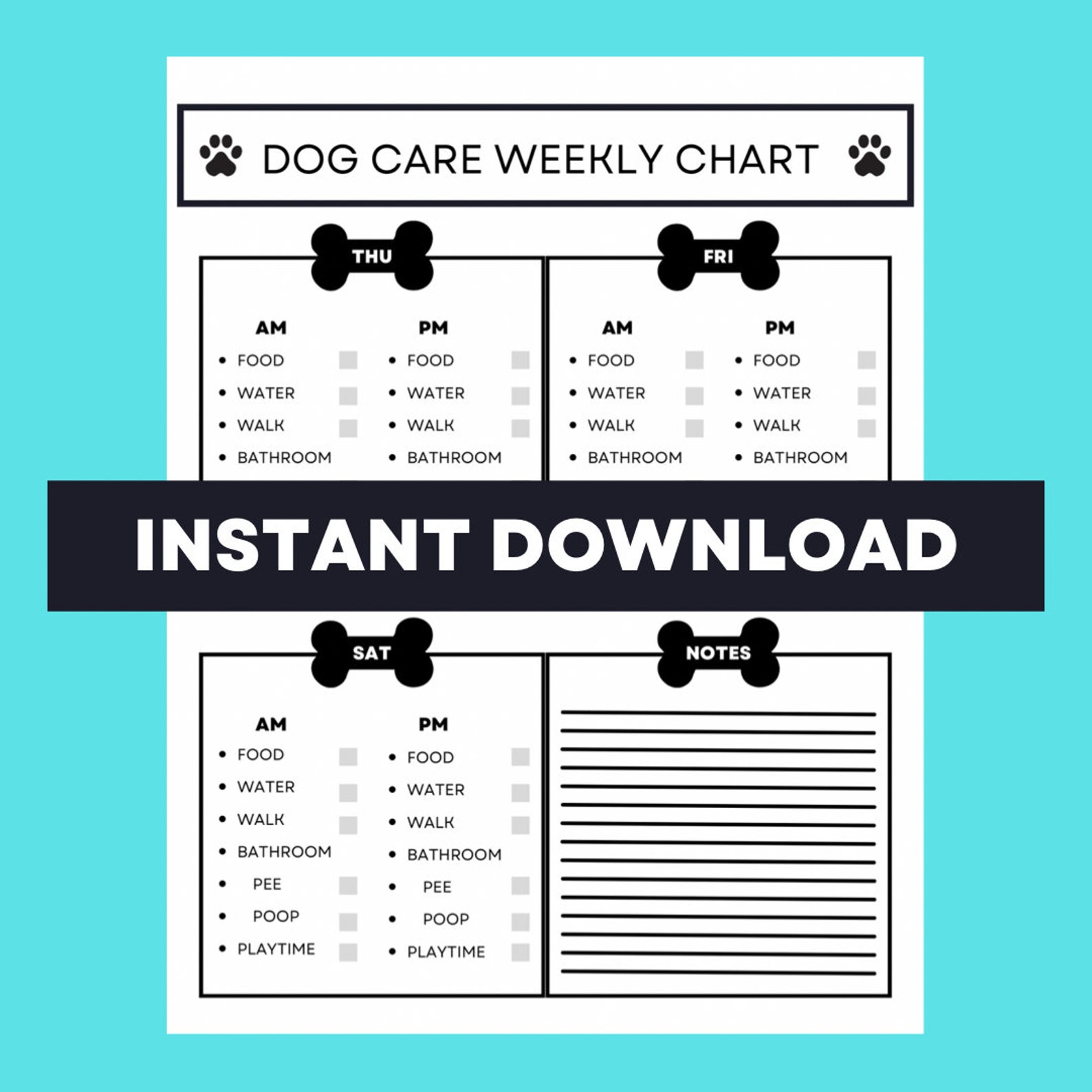 Dog Care Chart, Dog Chore List, Weekly Dog Care, Pet Care Chart ...