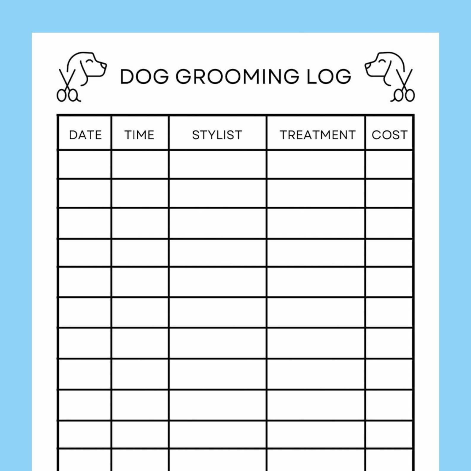Dog Grooming Log, Dog Care Sheet, Dog Grooming Tracker, Pet Care Chart ...