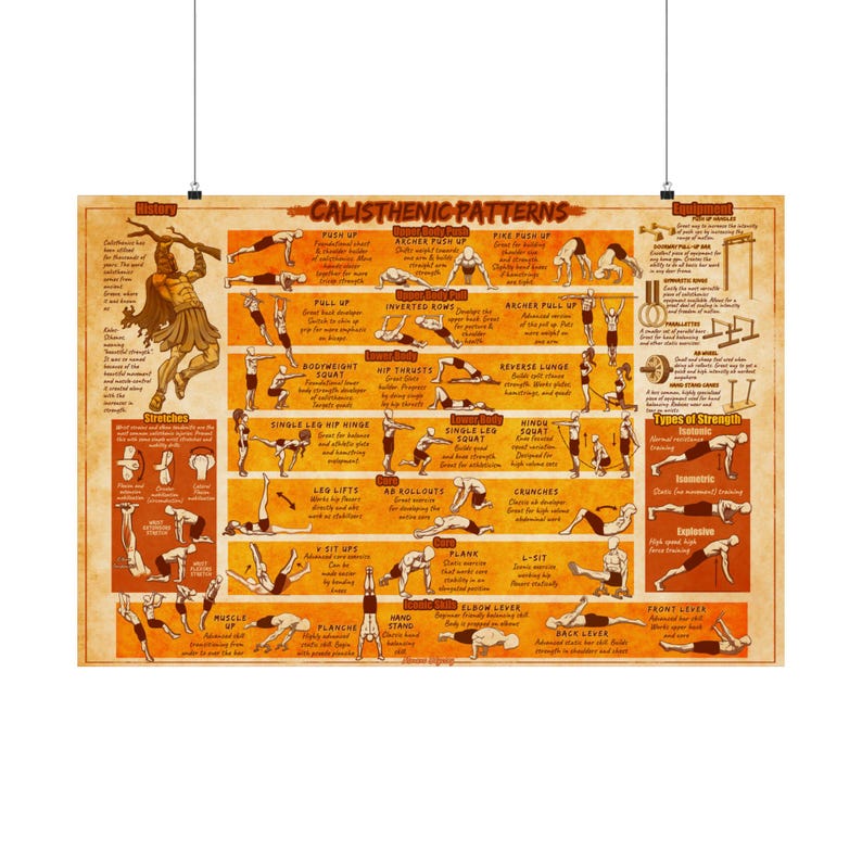 Calisthenics Guide Poster, Matte Workout Wall Art, Fitness Decor, Gym Motivation, Exercise ...