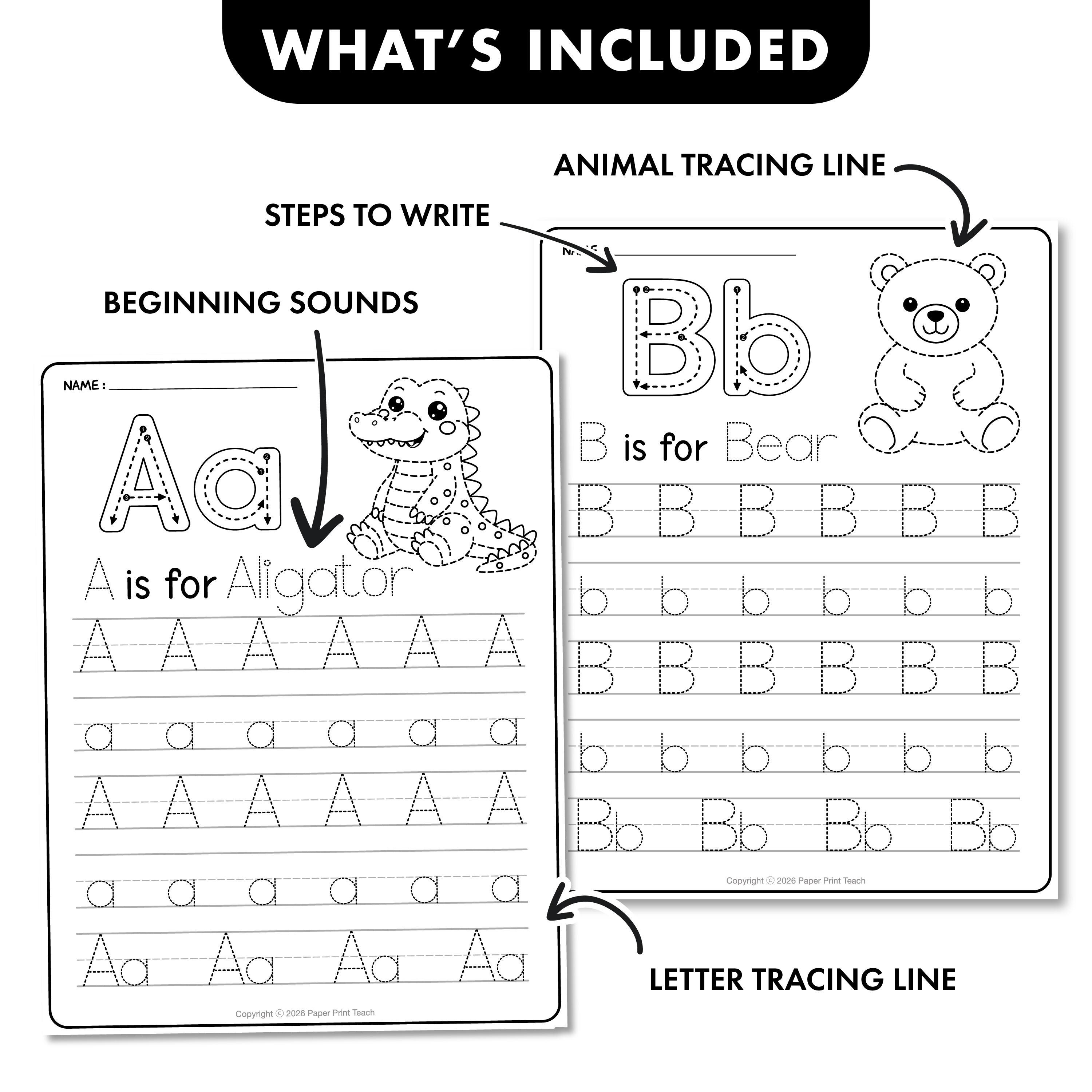 Alphabet Animal Tracing Worksheets Kindergarten Pre-k Preschool ABC ...