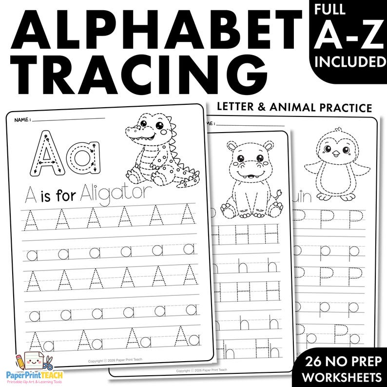Alphabet Animal Tracing Worksheets Kindergarten Pre-k Preschool ABC ...