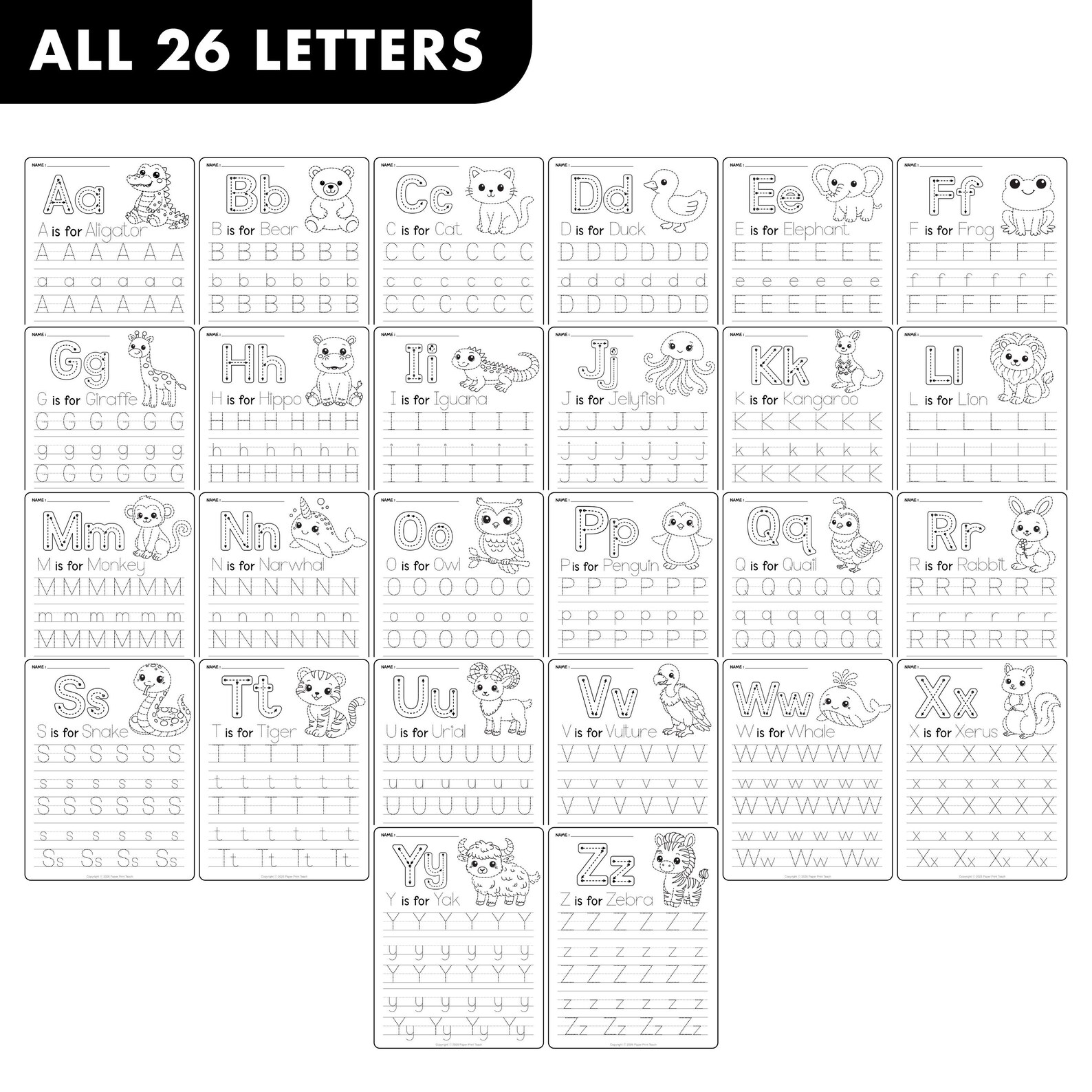 Alphabet Animal Tracing Worksheets Kindergarten Pre-k Preschool ABC ...
