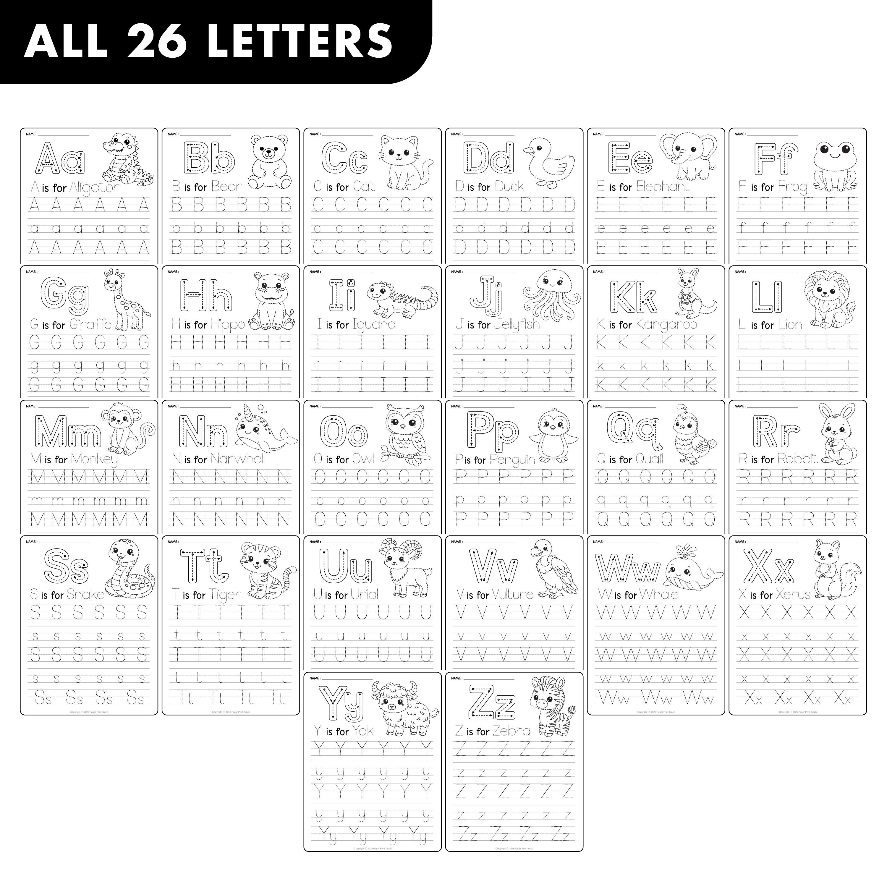 Alphabet Animal Tracing Worksheets Kindergarten Pre-k Preschool ABC ...