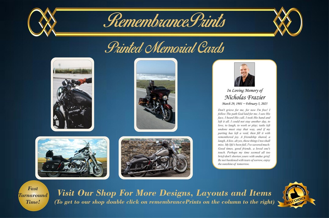 Printed Motorcycle Assortment Photo Memorial Cards - Etsy