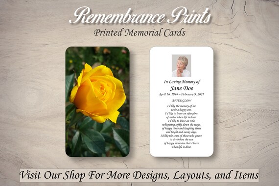 Printed Yellow Rose Memorial Cards With Photo | Etsy